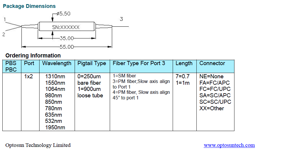 1×2 PM ビームスプリッタ・ビームコンバイナ (PBS・PBC) - 株式会社オプトロンサイエンス